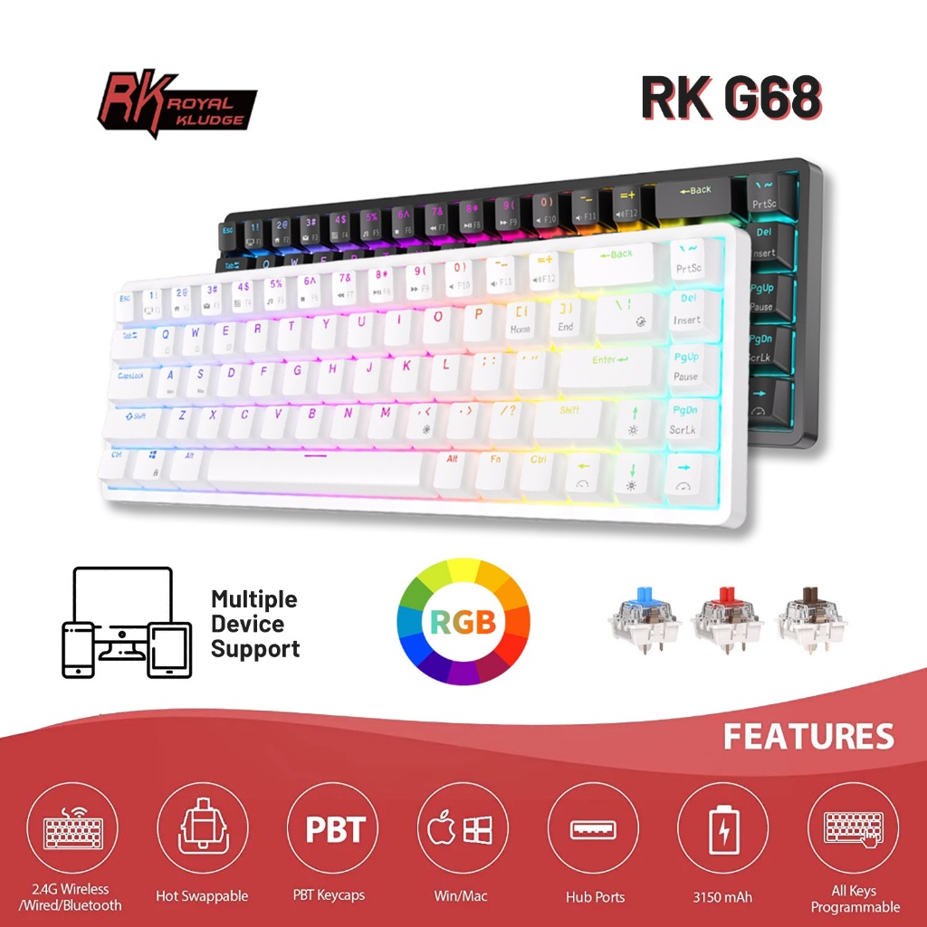 Jual Royal Kludge RK G68 Wireless Mechanical Gaming Keyboard RK837 RGB 3 Mode Universal Hotswap ...