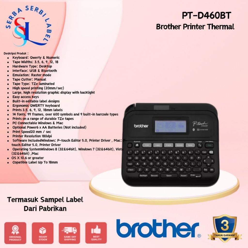 Jual Brother Printer Label PT-D460BT Label Maker Orignal Garansi Resmi ...