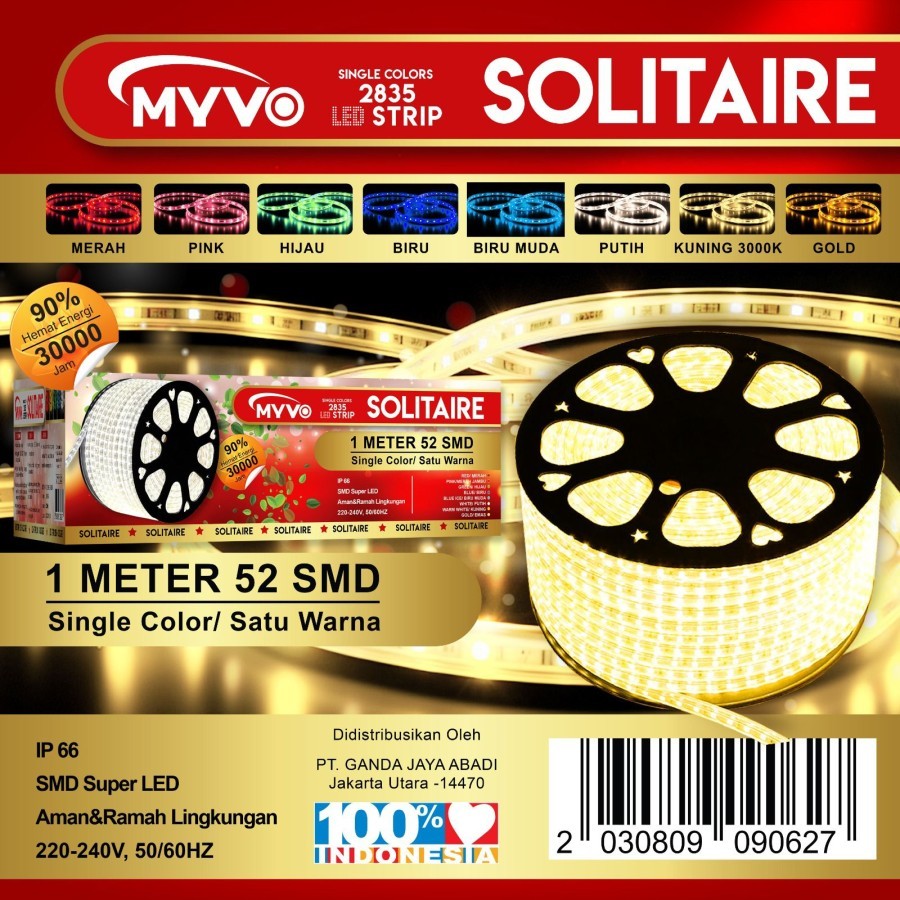 Jual HARGA 1 ROLL 100M MYVO SOLITAIRE LED STRIP KUNING WARM WHITE 3000K ...