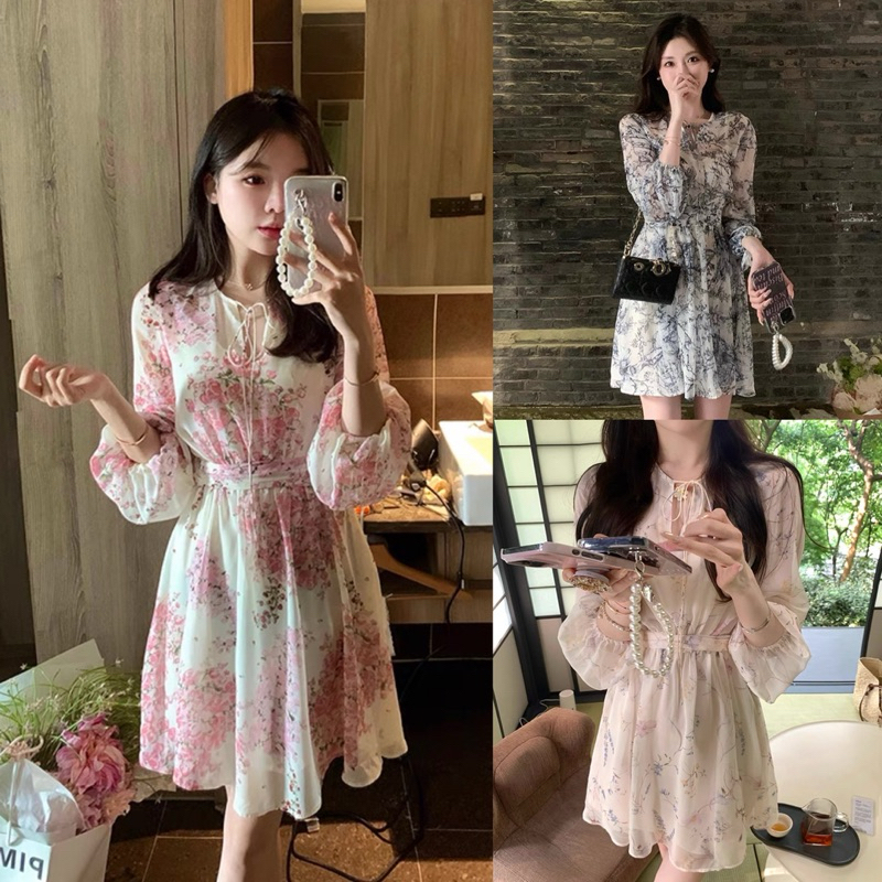 Jual D1612 GENEVIEVE KOREAN STYLE VINTAGE FLORAL MINI DRESS BUNGA ...