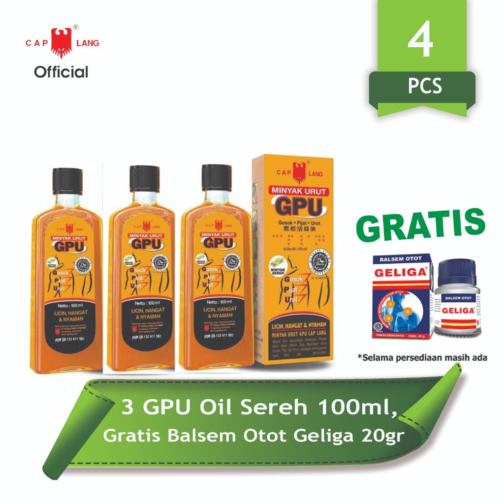 Jual Cap Lang 3 pcs GPU Oil Sereh 100ml Gratis 1 pcs Balsem Otot Geliga ...