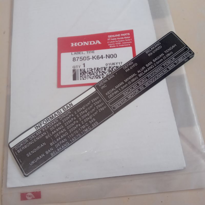 Jual sticker stiker label tekanan ban tire cbr 250r k33a cbr 250r kyj ...