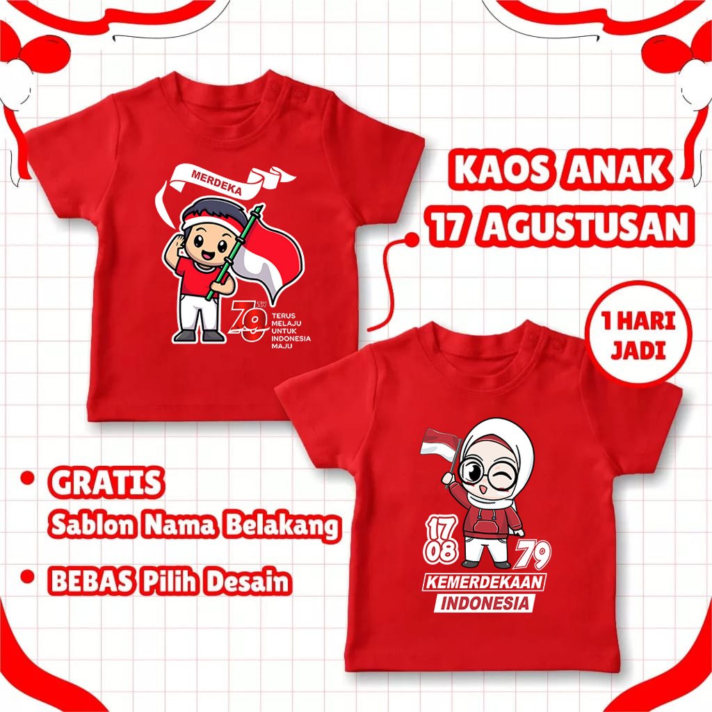 Jual Kaos Anak Hut-RI ke 79 Tahun 2024- Kaos Anak Kemerdekaan 2024 1-12 Tahun Katun Combed 30s ...