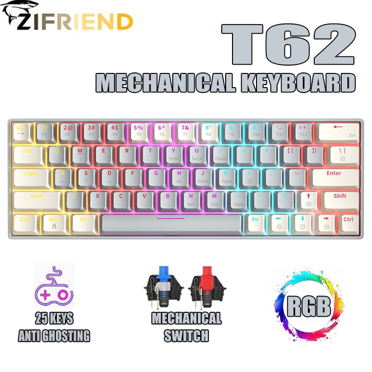Jual ZIFRIEND T62 Mechanical Keyboard 63Keys 6 Layout Blue Red Switch ...