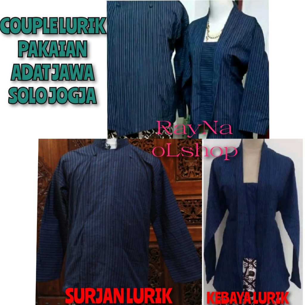 Jual SEPASANG BAJU KEMEJA JAWA PRIA WANITA | KEBAYA LURIK BIRU HITAM + SURJAN LURIK BIRU HITAM ...