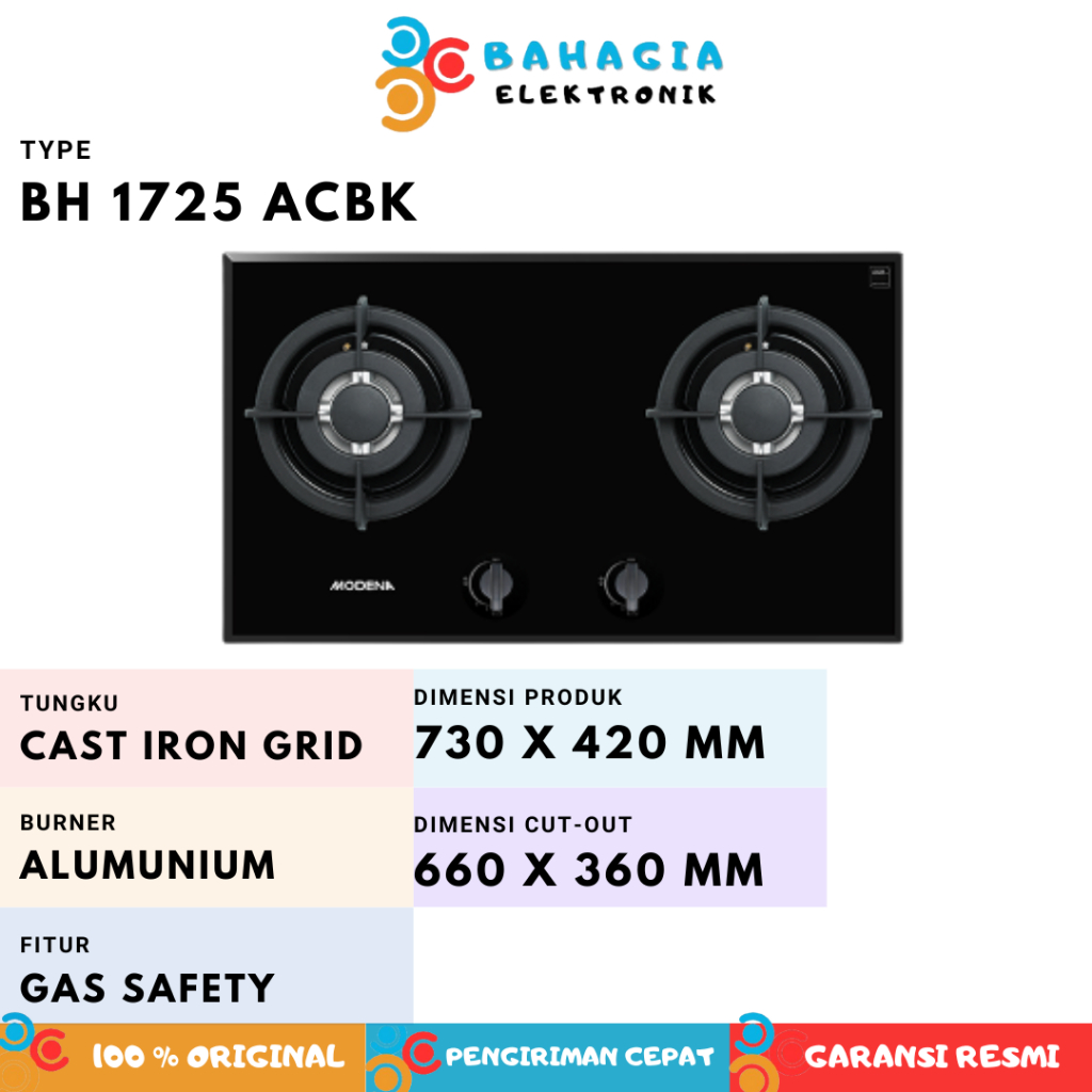 Jual MODENA BH 1725 ACBK kompor tanam 2 tungku safety | Shopee Indonesia