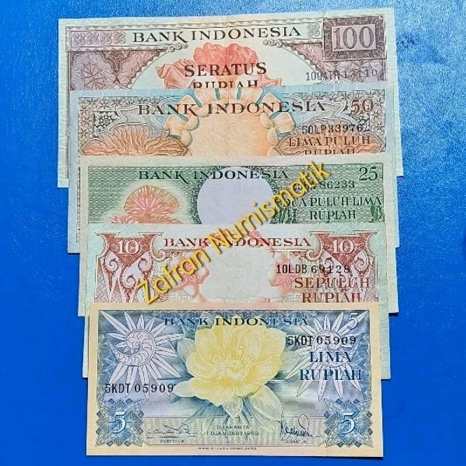 Jual ZN1857. Paket Murmer Set 5 Lembar Uang Kuno Rp 5 Sampai Rp 100 Seri Bunga Tahun 1959 ...