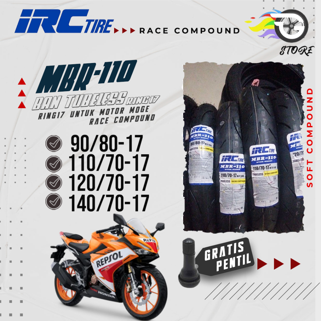 Jual BAN MOTOR IRC MBR-110 Ring 17 TUBELESS Race Coumpound 90/80 110/70 ...