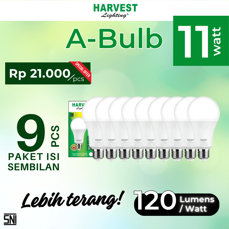 Jual 11W - Paket Isi 9 HARVEST LIGHTING Lampu Bohlam LED A Bulb 11 Watt ...