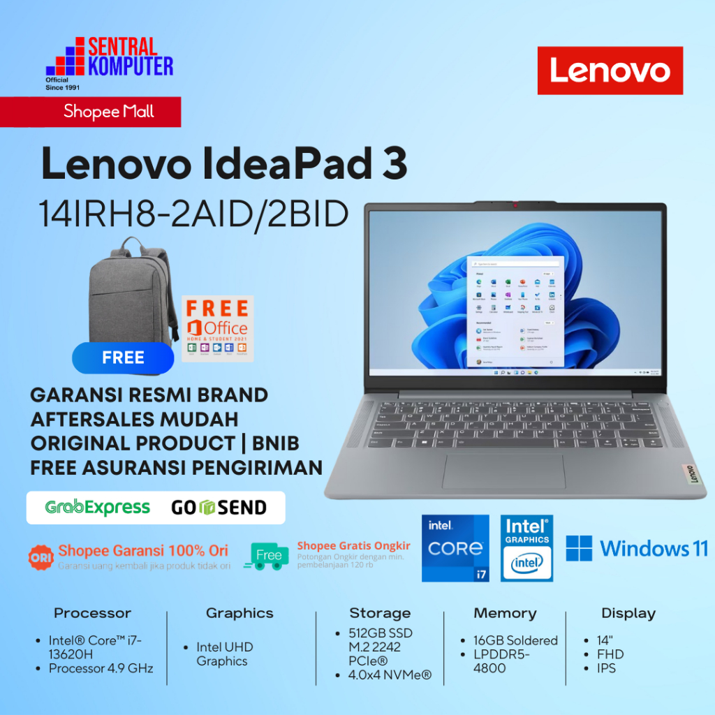 Jual Lenovo IdeaPad Slim 3 14IRH8 Core i7-13620H 16GB 512GB W11 OHS | Shopee Indonesia