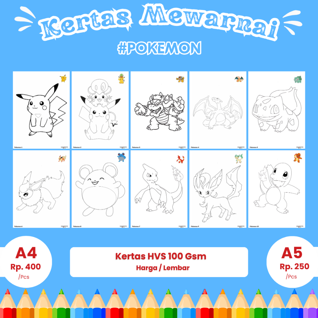 Jual Gambar Mewarnai Pokemon A4 / A5 Kertas Sketsa / Kertas 100 GSM ...
