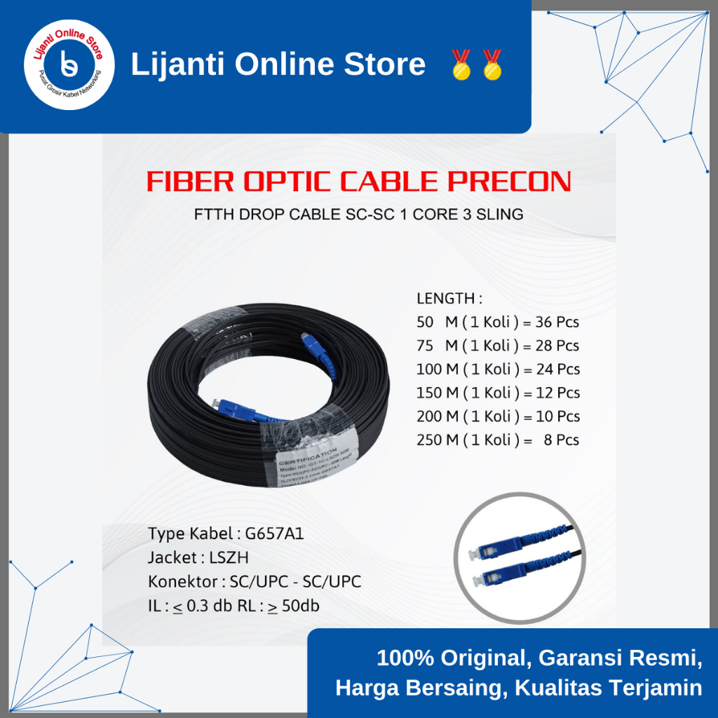 Jual Kabel Precon Ftth Fiber Optic Patch Cord Eyota 100 meter Sc Upc 1 Core | Shopee Indonesia