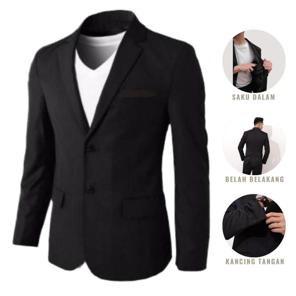 Jual Jas Blazer Pria Hitam Kancing 2 slimfit buat acara wisuda perpisahan nikah kondangan bahan ...