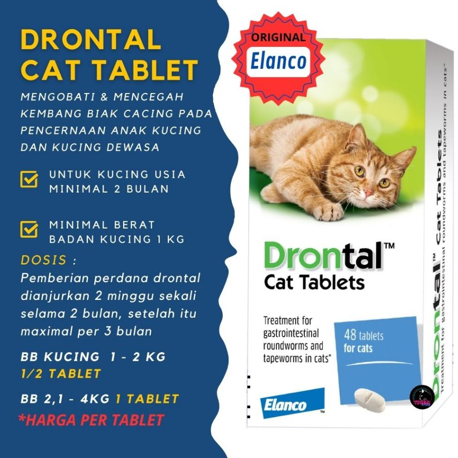 Jual DRONTAL CAT TABLET ORIGINAL ELANCO, OBAT KHUSUS BASMI CACING ...