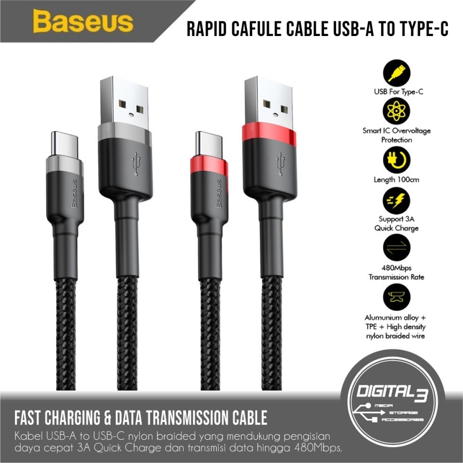 Jual Baseus Rapid Cafule Cable Data USB-A to Type-C Kabel QC 3.0 Nylon ...