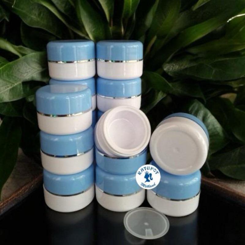 Jual pot ps 15 gr wadah putih tutup biru list silver ada busa di ...