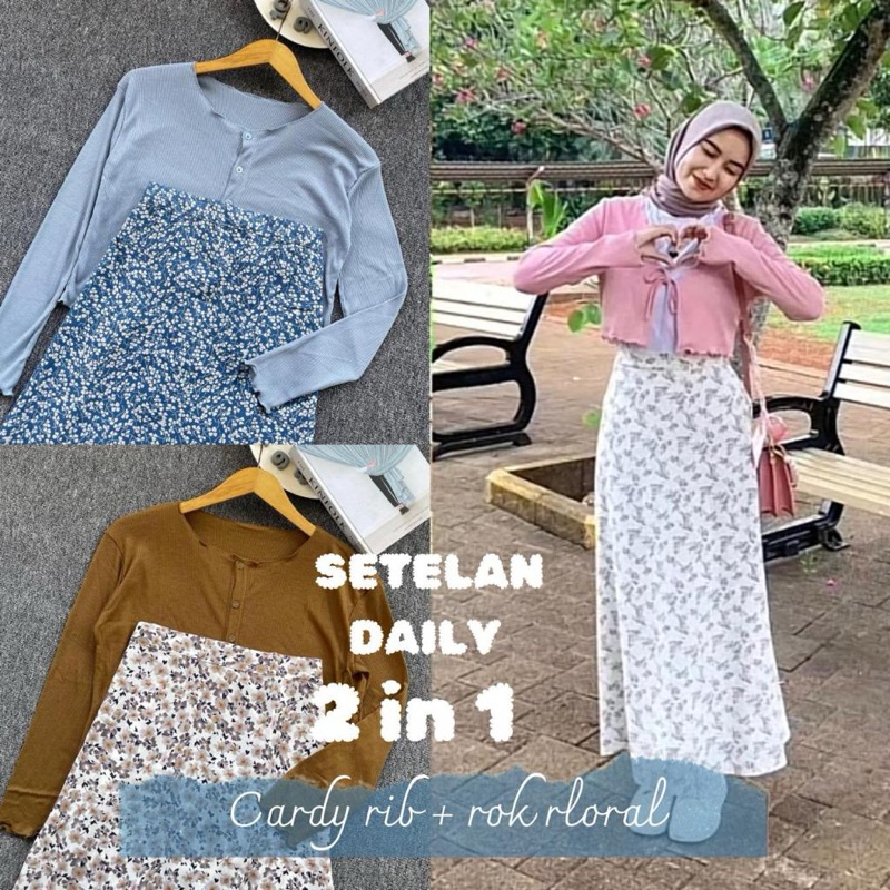 Jual SETELAN CARDI KNIT RIB + ROK MOTIF FLORAL KOREAN STYLE / SET ...
