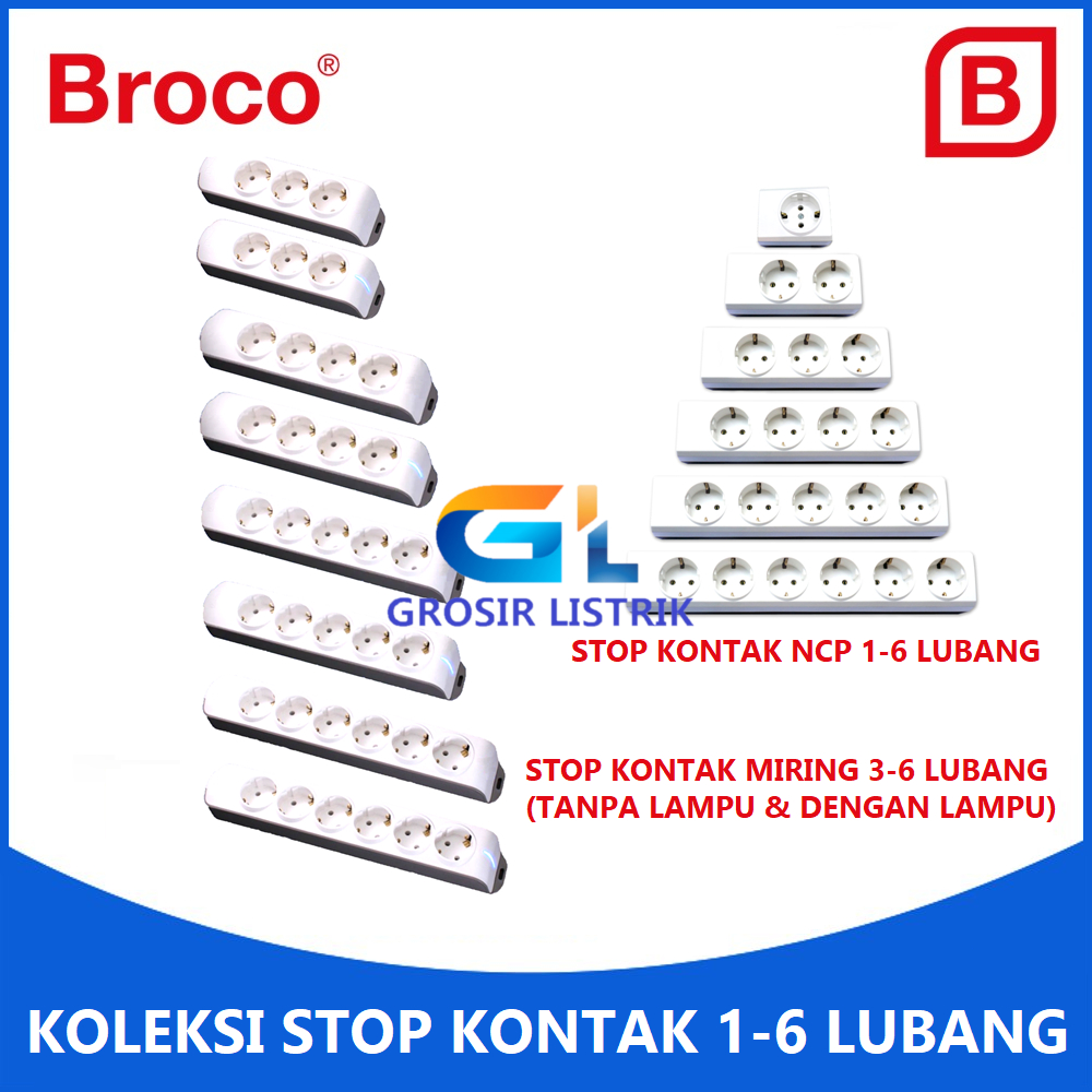 Jual Broco Stop Kontak Arde 1 2 3 4 5 6 Lubang NCP Putih / Miring Putih ...