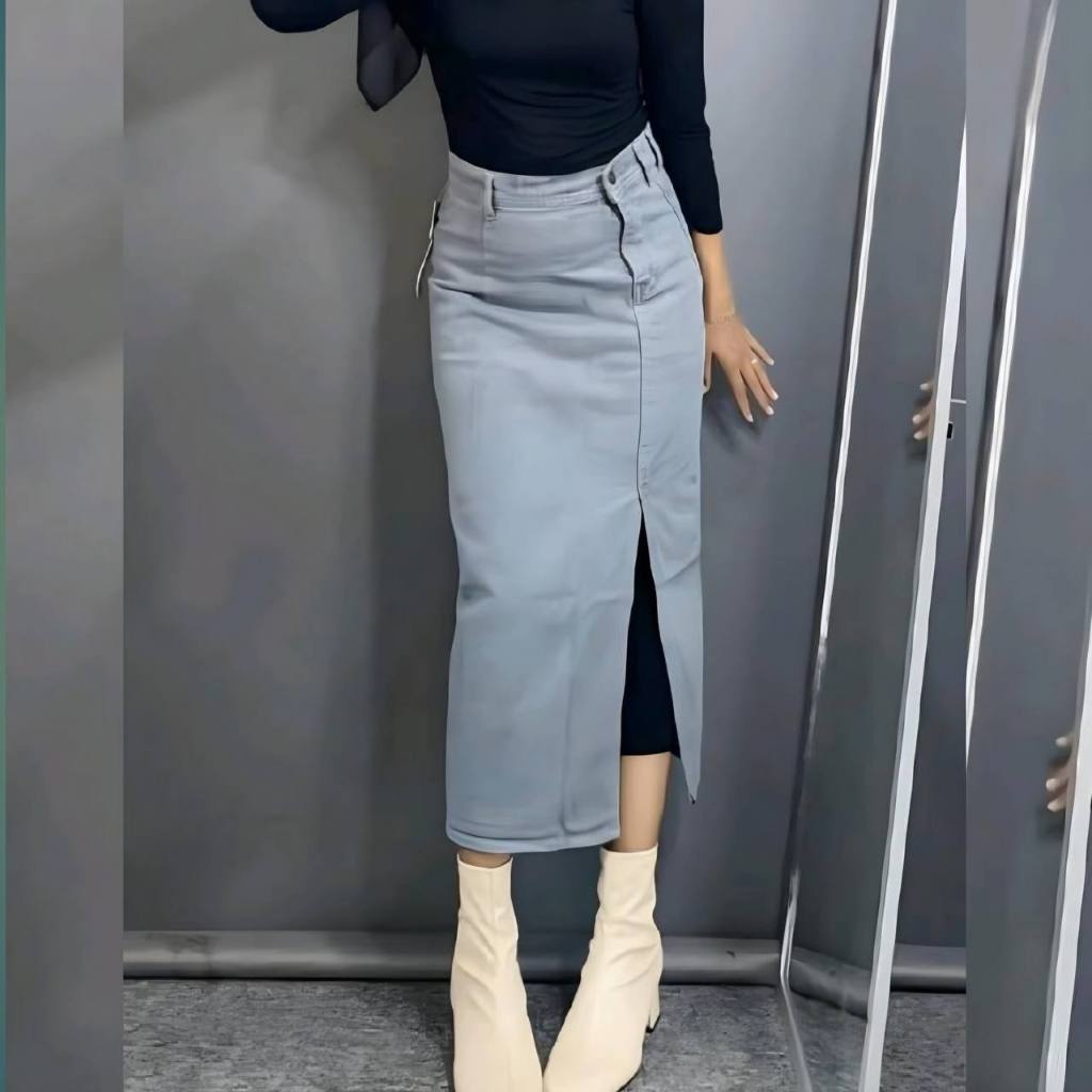 Jual ROK JEANS HIGWAIST SPLIT A LINE KOREAN STYLE | Shopee Indonesia