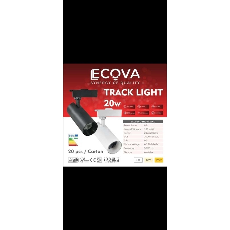Jual LAMPU TRACK LIGHT ECOVA 20WATT BODY PUTIH GARANSI | Shopee Indonesia
