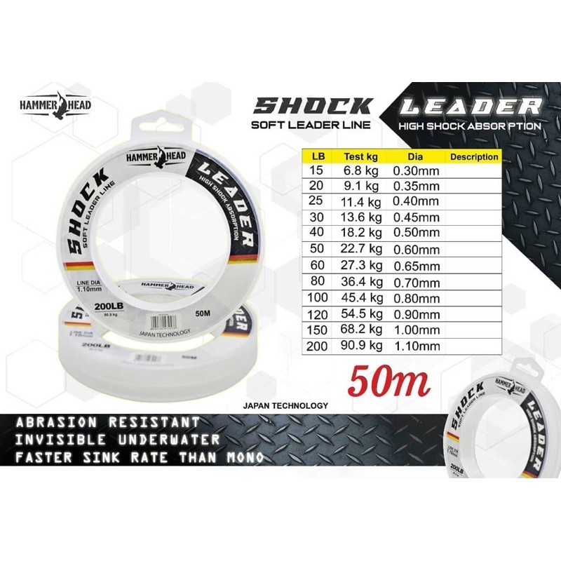 Jual Senar Shock Leader Hammer head Fluoro Carbon panjang 50 meter ukuran lengkap COD | Shopee ...