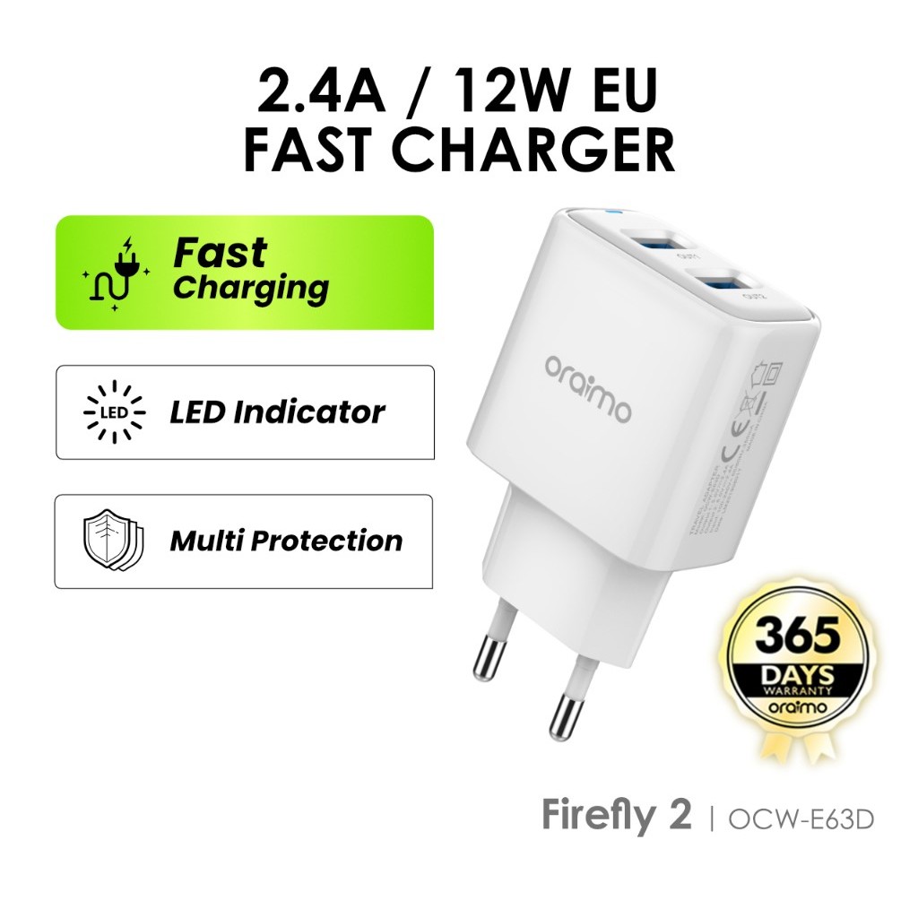 Jual Oraimo Charger Handphone Dual Ports Firefly 2 Quick Power 2.4A USB ...