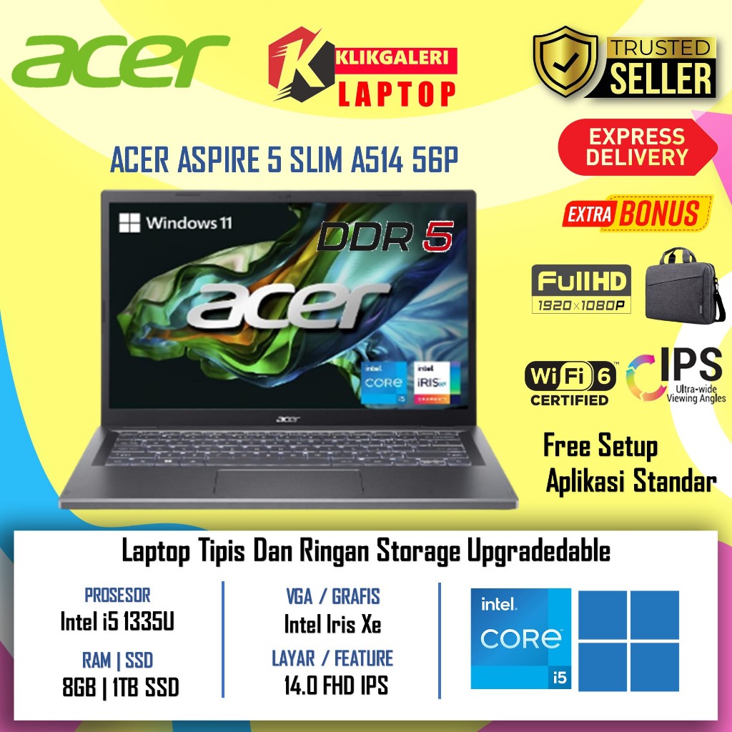 Jual Laptop Slim ACER ASPIRE 5 SLIM A514 56P Core i5 1335U 8GB DDR5 ...