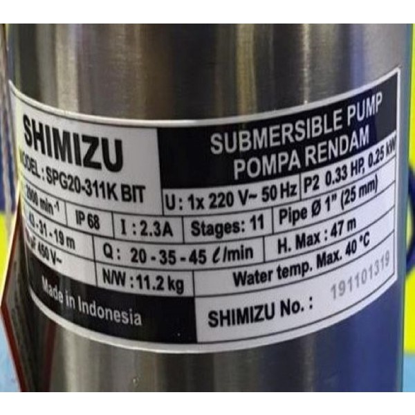 Jual Pompa Submersible Shimizu SPG 20 311 K + Kabel 40 meter Shimizu ...