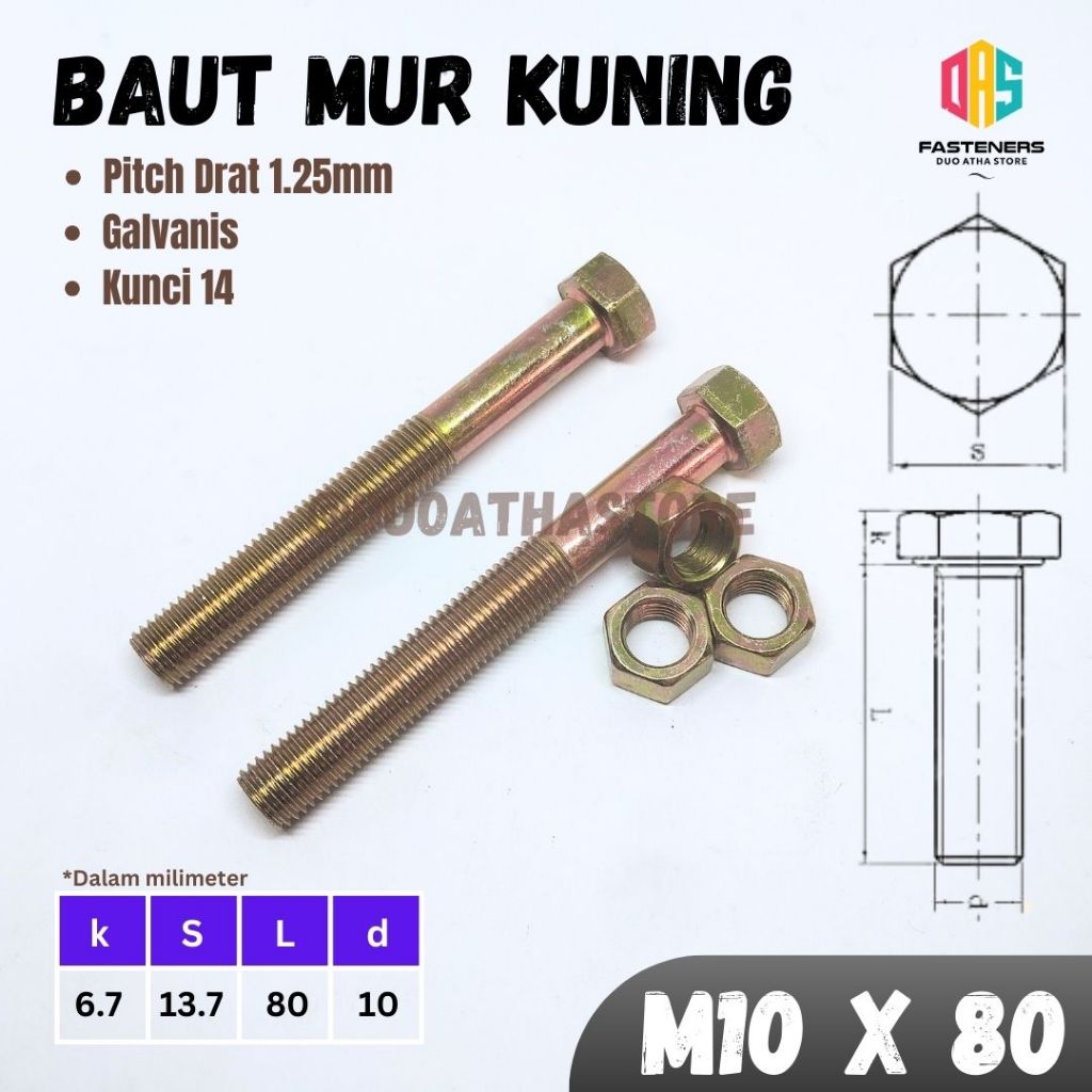 Jual Baut Mur Kuning M10x80 / BMK M10 x 80 Kunci 14 Half Drat | Shopee ...
