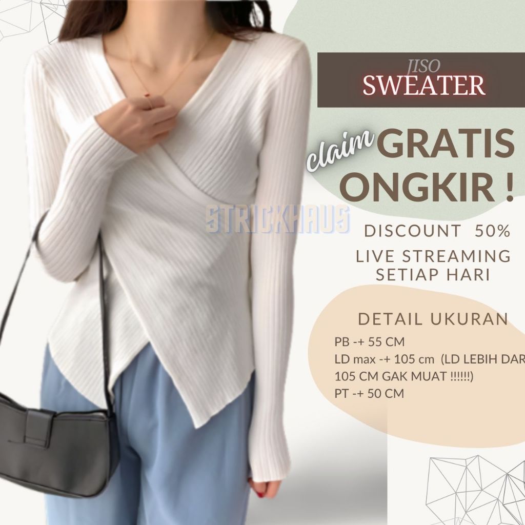 Jual Jiso knit Silang korean style wrap top v neck atasan rajut wanita lengan panjang -# ...