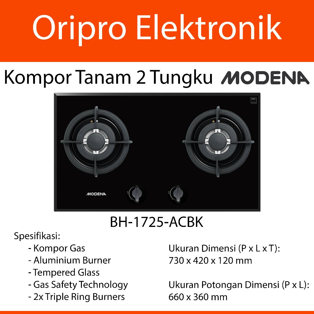 Jual Kompor Tanam 2 Tungku Modena Tempered Glass Hitam BH-1725-ACBK ...