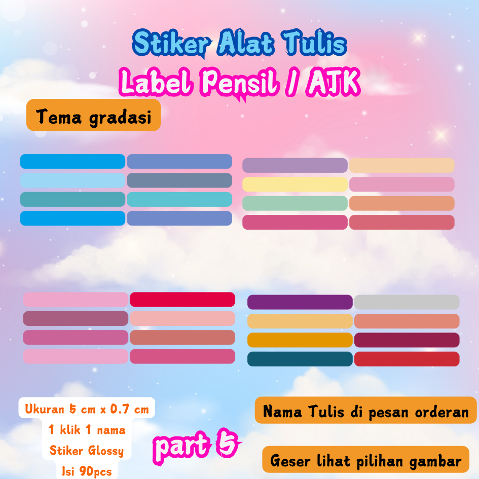 Jual Part 5 tema gradasi warna/isi 90pcs/belum terpotong/Stiker Pensil ...