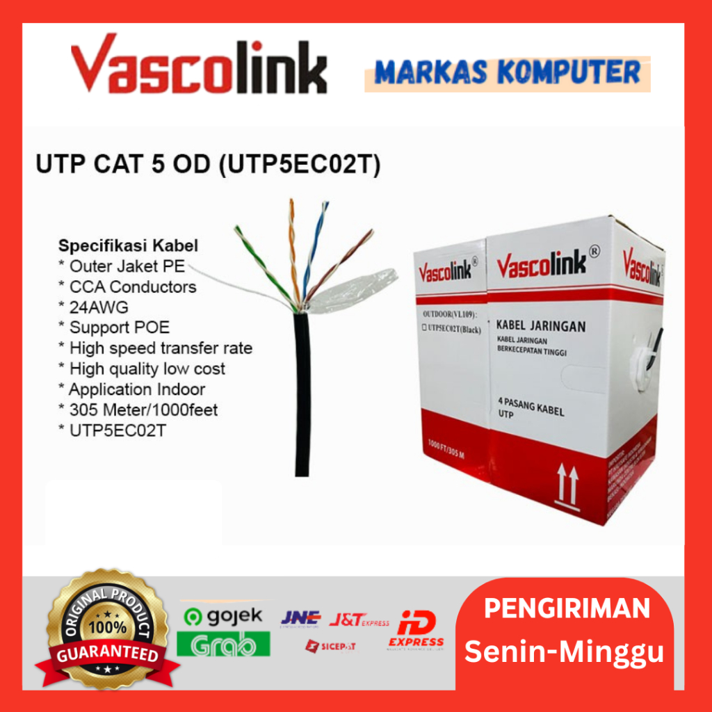 Jual Kabel LAN UTP Cat5E Outdoor Vascolink Warna Hitam Black 305meter ...