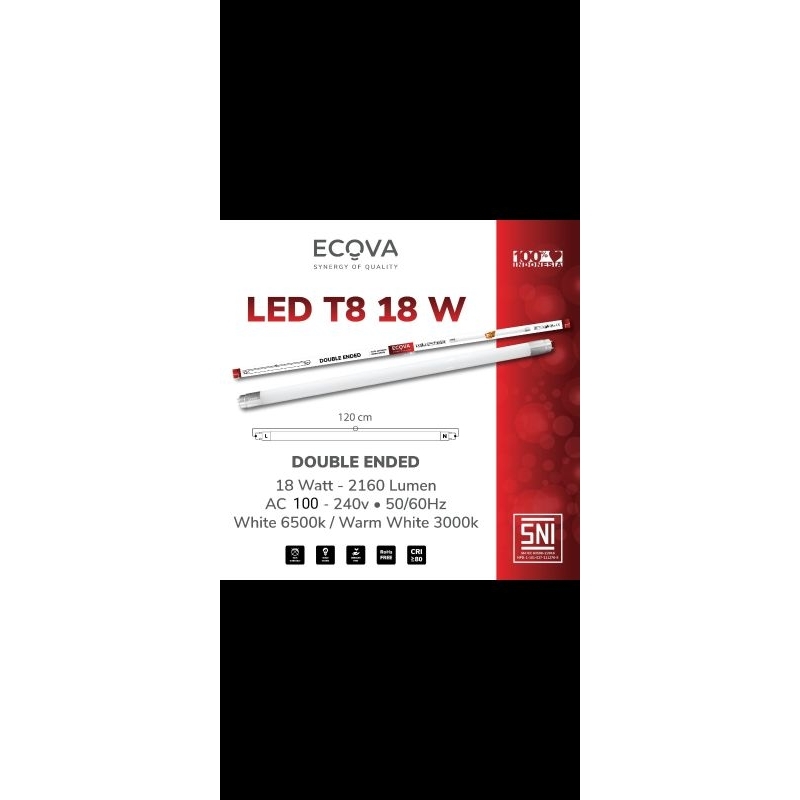 Jual LAMPU T8 LED ECOVA 18W WARNA PUTIH HEMAT ENERGI | Shopee Indonesia