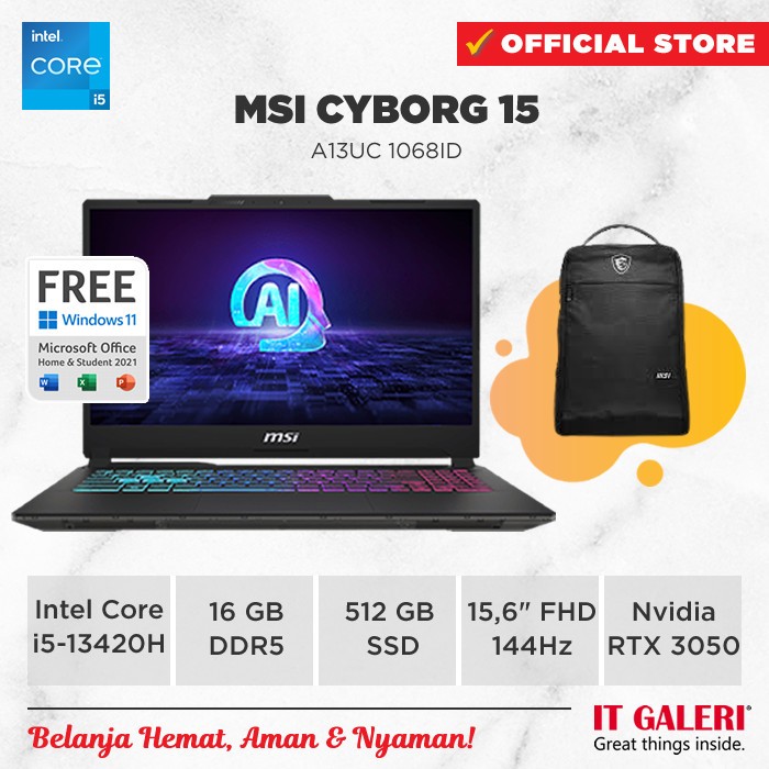 Jual MSI Cyborg 15 A13UC 9S7-15K111 Core i5-13420H Win 11 Home+OHS 2021 RAM 16GB 512GB SSD ...