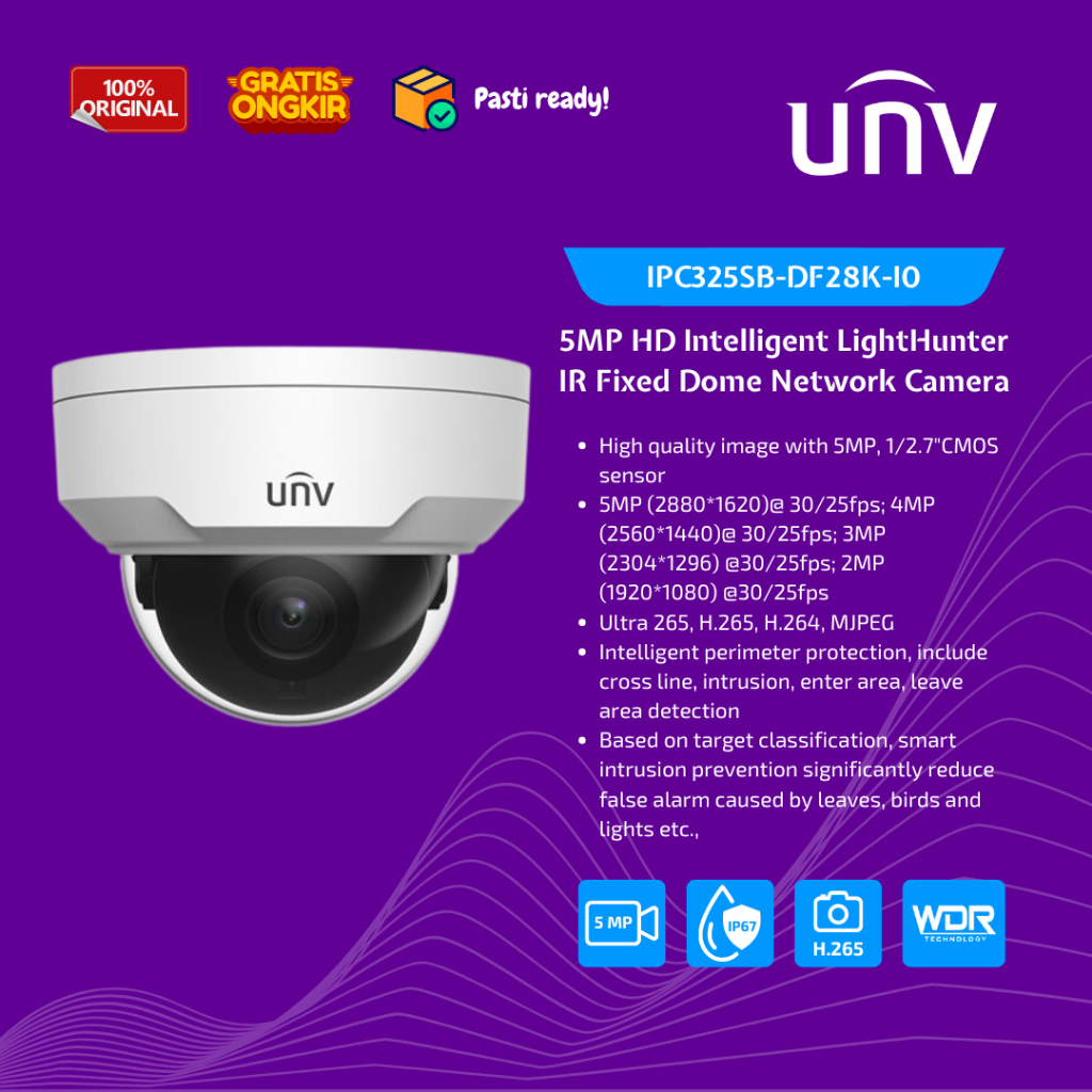 Jual UNV IPC325SB-DF28K-I0 Uniview CCTV 5MP HD Intelligent LightHunter IR Fixed Dome Network ...