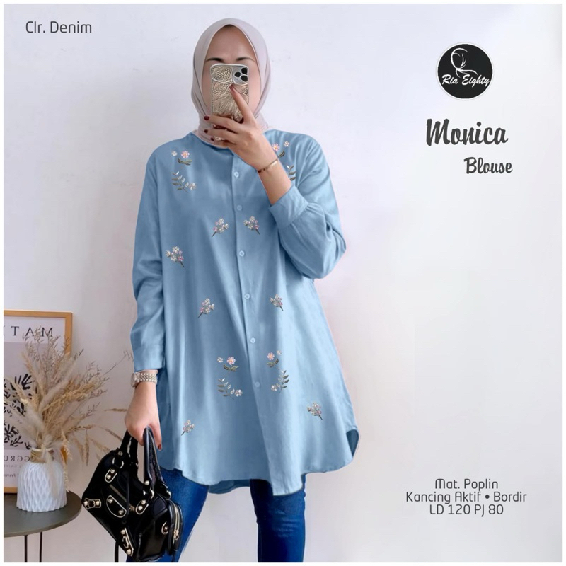 Jual Monica Kemeja Blouse Wanita Motif Bordir Bunga Premium Kekinian ...