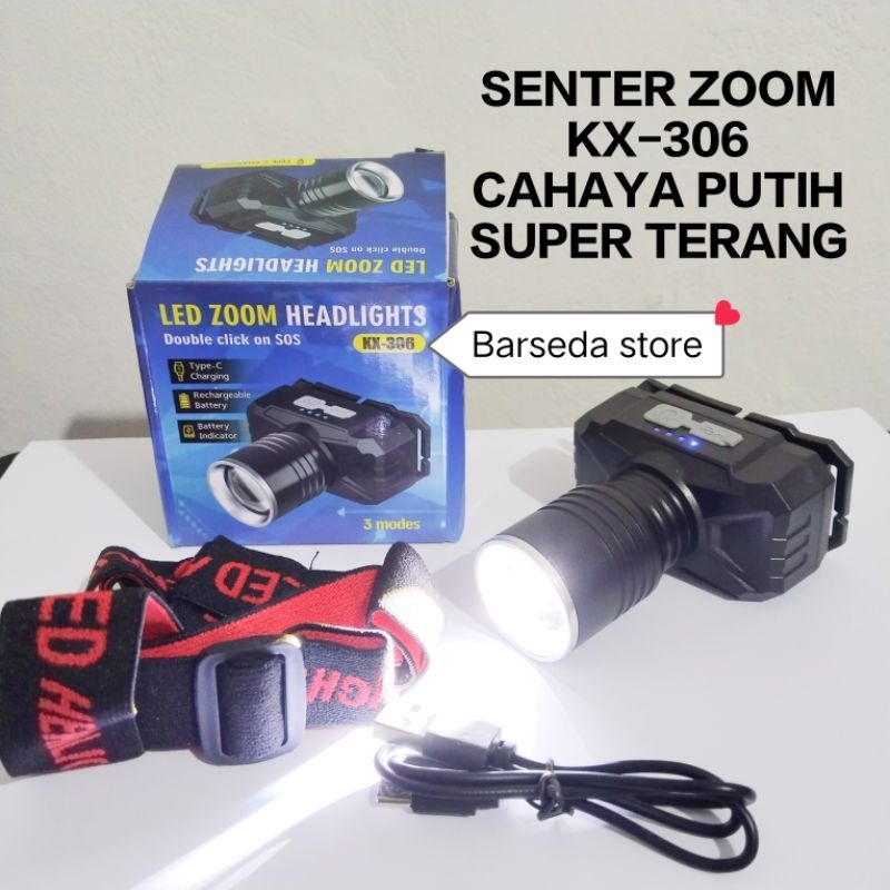 Jual Senter Kepala Led Headlamp ZOOM Jarak Jauh KX-306 USB TYPE-C SUPER TERANG Cahaya PUTIH ...