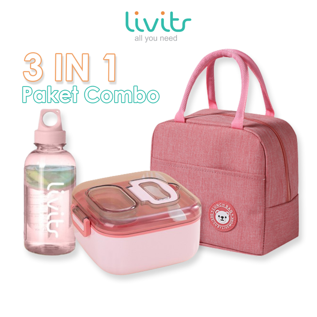 Jual PAKET 3 IN 1 Kotak Makan Set Sendok Garpu + Tas Bekal Thermal Insulation + Botol Minum ...