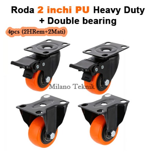 Jual Roda 2 inchi PU (4pcs:2HRem+2Mati)+Double bearing Heavy Duty ...