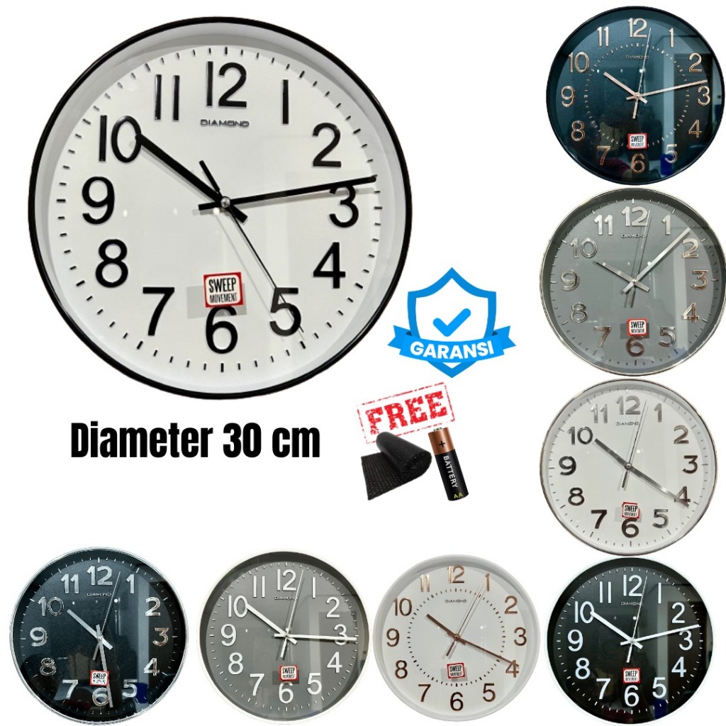 Jual Jam Dinding Diamond 3015 30cm Quartz Sweep Silent Chrome Silver ...
