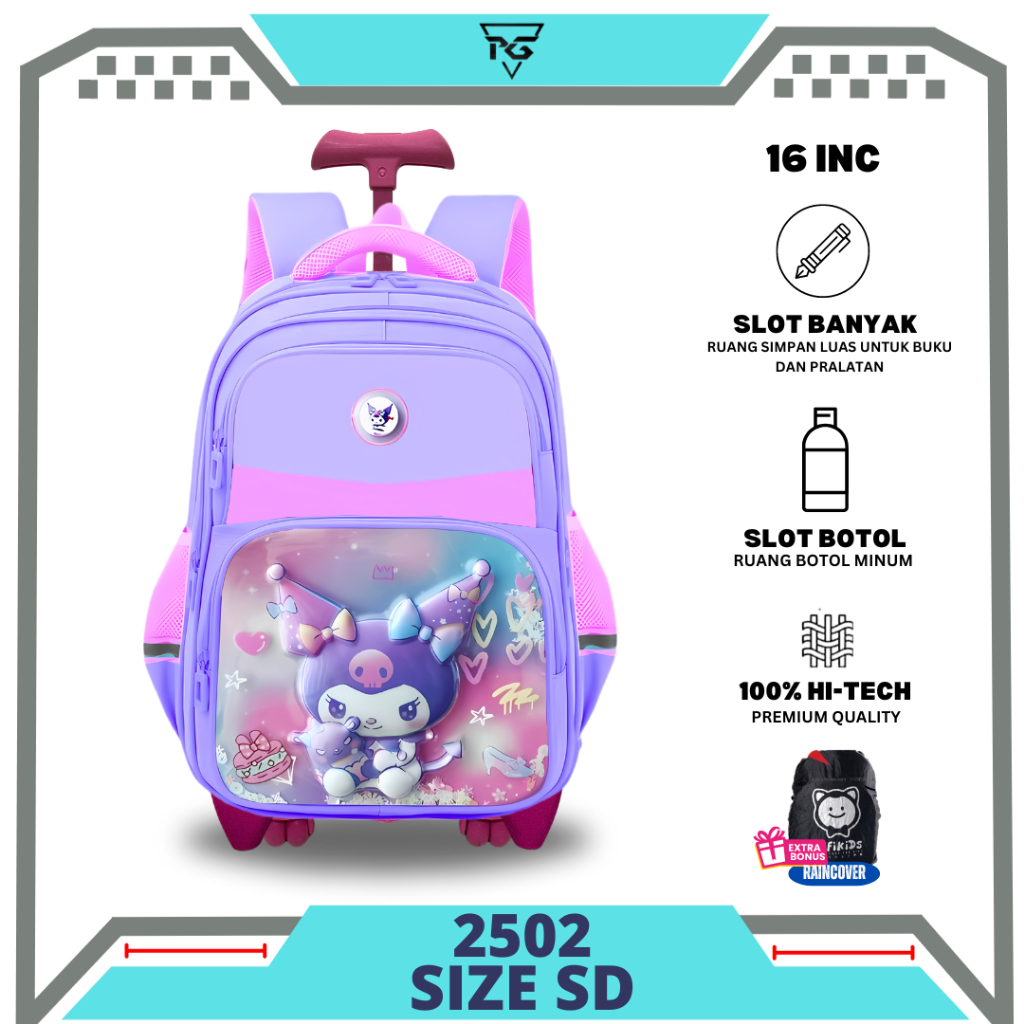 Jual Tas Troli Sekolah Anak Perempuan SD Gambar Karakter Kuromi Timbul Tas Dorong Koper Anak RPG ...