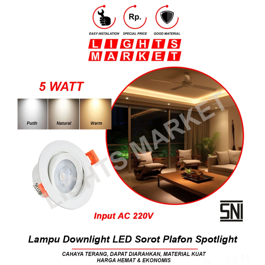 Jual Lampu Downlight Spotlight LED 5W - Sorot Tanam Plafon 220V Terang ...