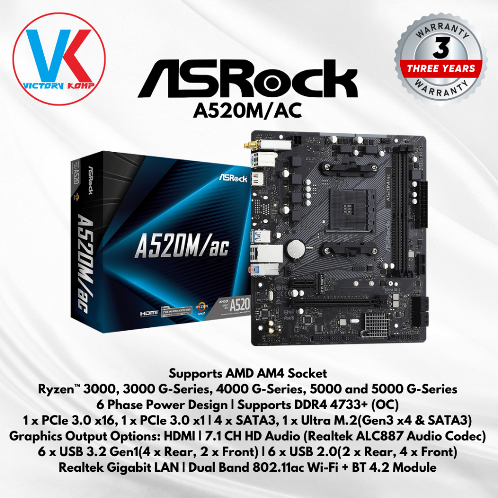 Jual ASRock A520M/ac Motherboard AMD A520 AM4 DDR4 Wifi + Bluetooth 4.2 ...