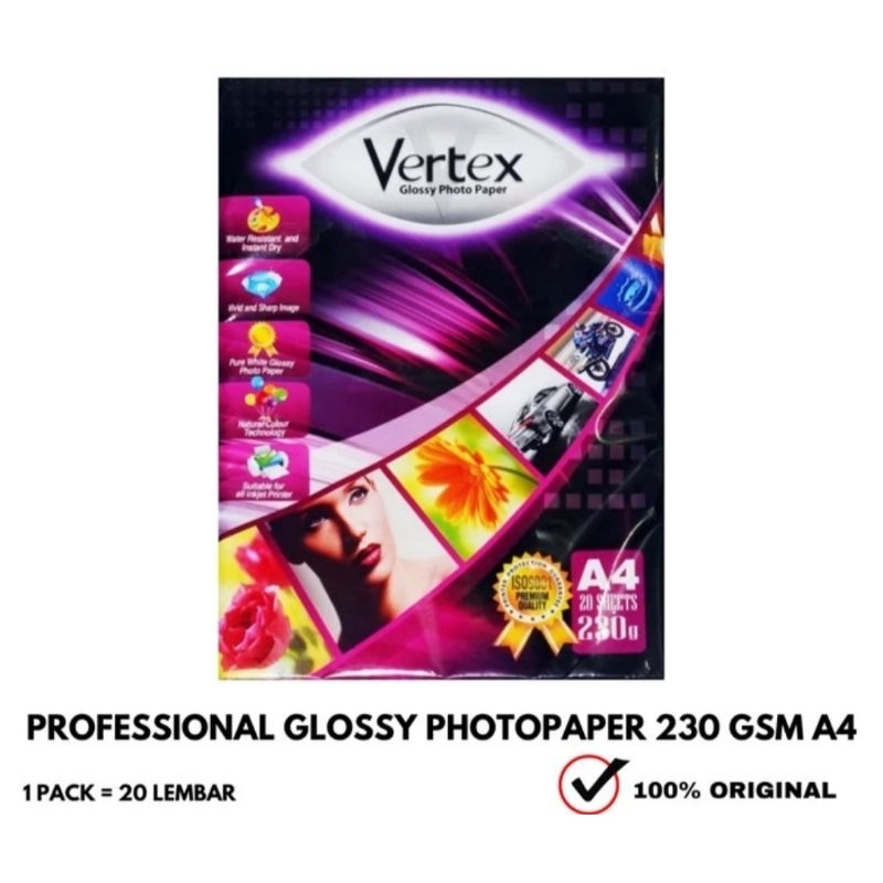 Jual Vertex Kertas Foto Glossy A4 20 Lembar 230 Grams Photo Paper 230g ...