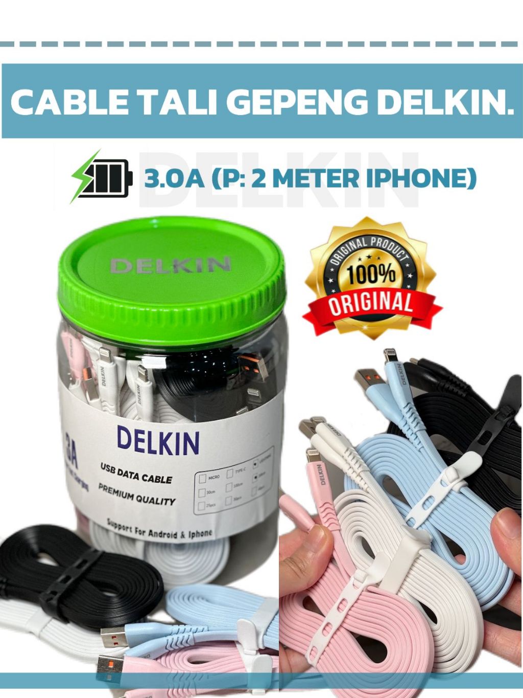 Jual KABEL DATA/CABLE DATA MODEL TALI GEPENG 2 METER MEREK DELKIN ...