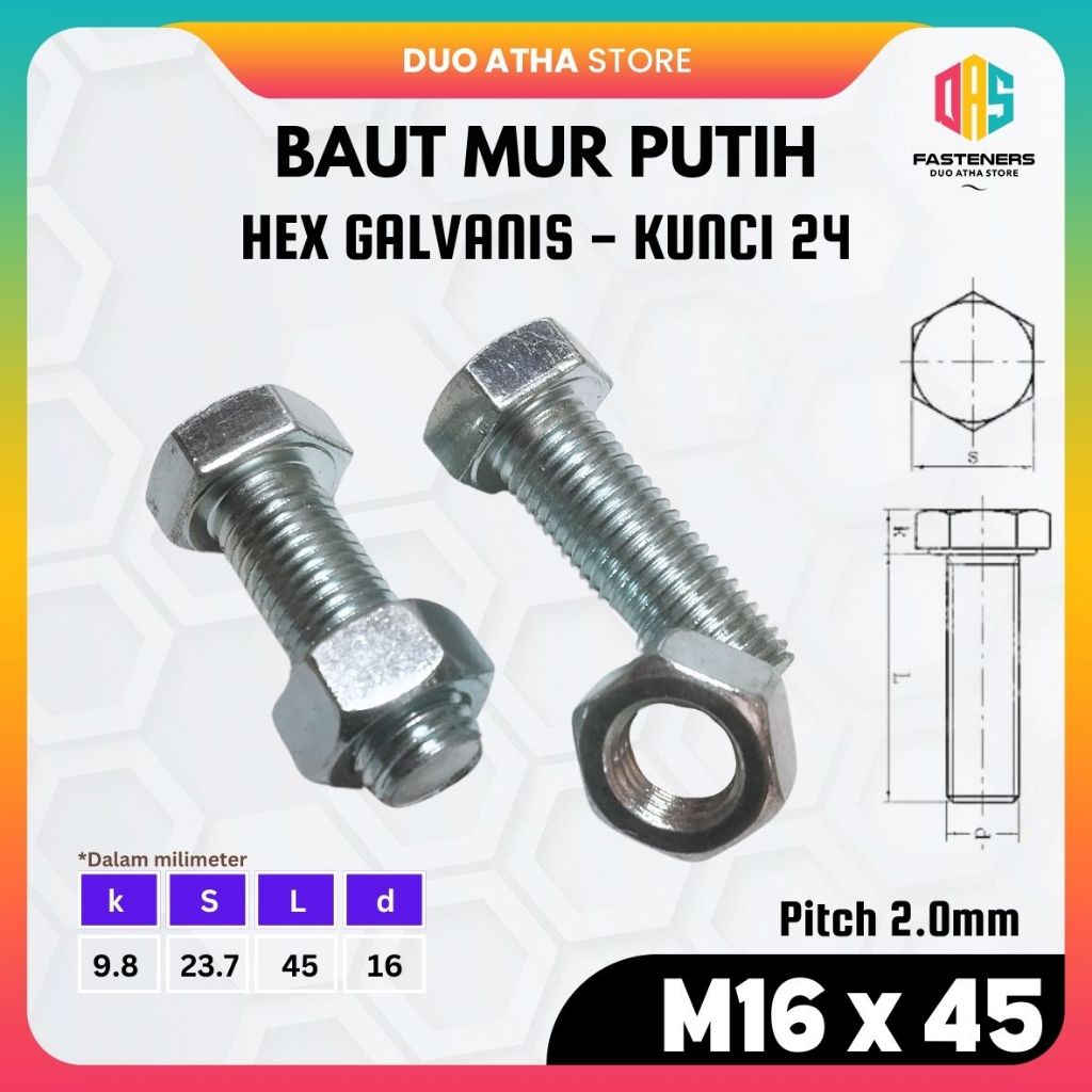 Jual M16x45 Baut Mur Putih M16 x 45 BMP M16x45 Galvanis Putih Kunci 24 | Shopee Indonesia