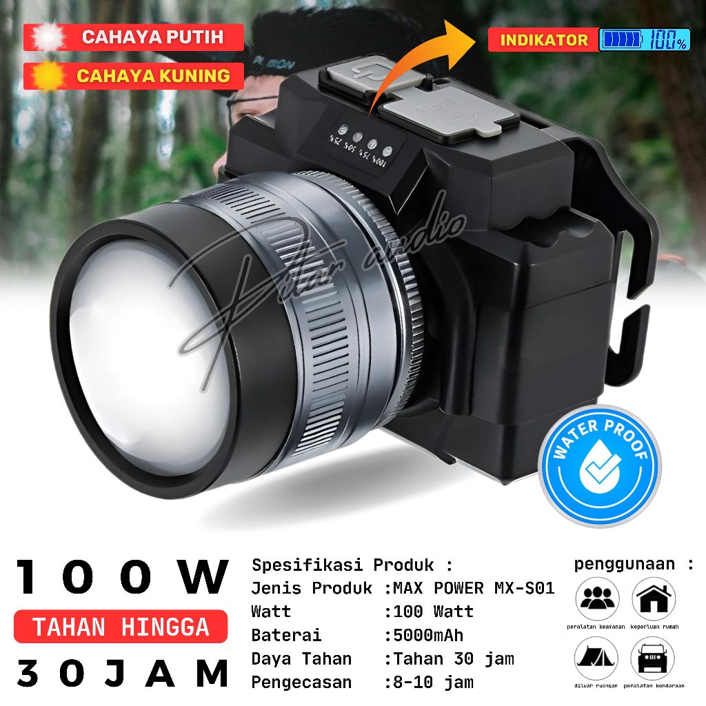 Jual Senter Kepala Zoom 100W MAX POWER MX-S01 3 Mode Cahaya Kuning Dan ...