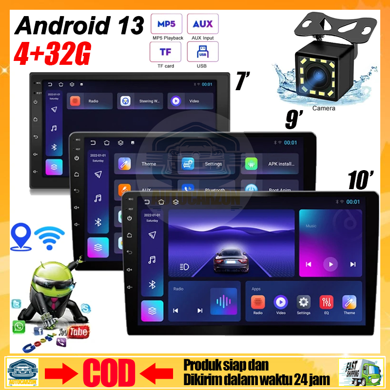 Jual Ready ya,cod 4G+32G Head Unit Android 13 Head Unit 7/9/10 Inch Car Navigasi Untuk Double ...