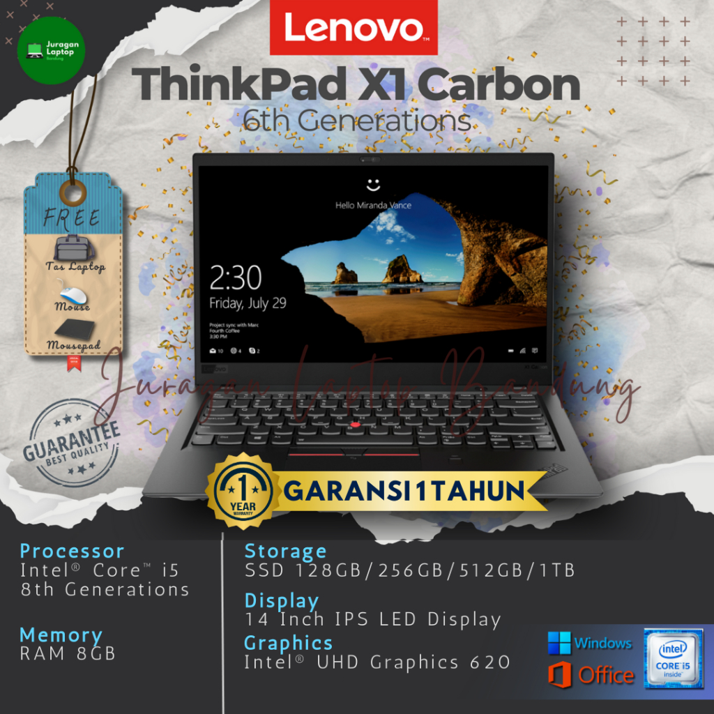 Jual Laptop Lenovo X1 Carbon 5Th / 6Th Intel Core i5 Gen 8, Core i7 Gen ...